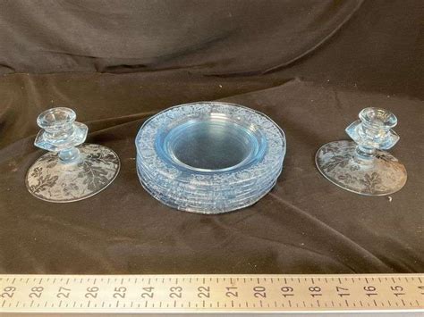 Blue Elegant Glass Plates Candle Holders Legacy Auction Company