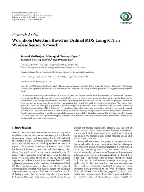 Pdf Wormhole Detection Based On Ordinal Mds Using Rtt In Wireless