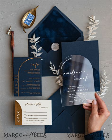 Navy Blue Wedding Details Gold Foil Stamped Invitations With Navy Blue