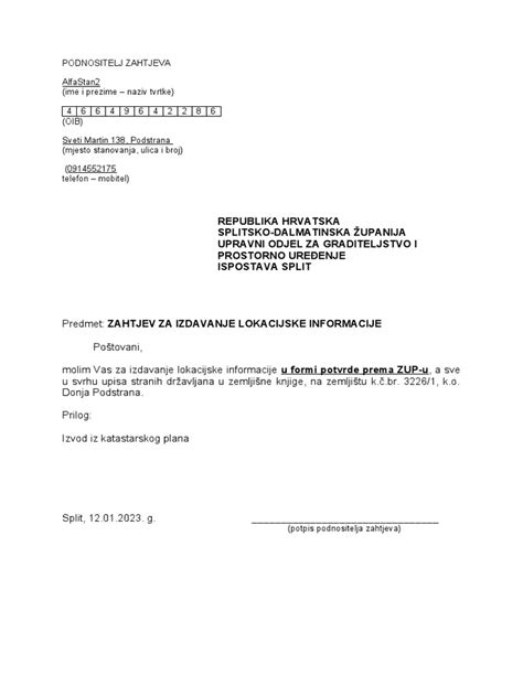 Zahtjev Za Lokacijsku Informaciju Potvrda Za Strance županija Pdf