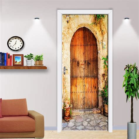 Pvc Self Adhesive Door Sticker Retro Street Wood D Grandado