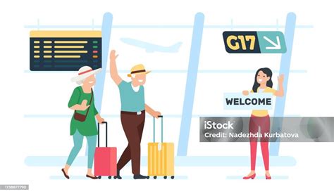 딸은 공항 도착 터미널에서 부모를 만난다 비행기 여행 행복한 노부부 짐을 가진 조부모 노인 가족 휴가 항공기 승객 벡터 개념