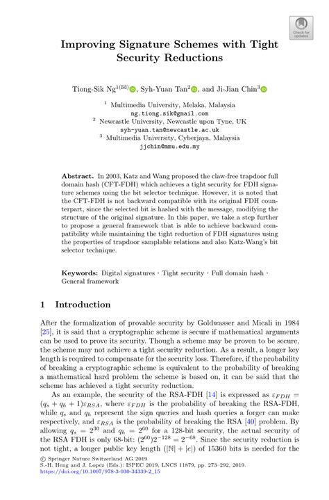 Pdf Improving Signature Schemes With Tight Security Reductions