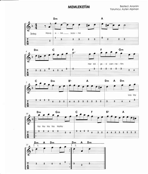Memleketim Notalar Gitar Notalar