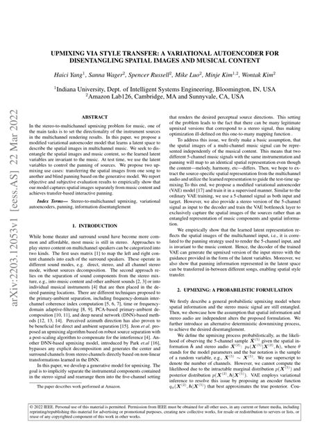 Pdf Upmixing Via Style Transfer A Variational Autoencoder For Disentangling Spatial Images