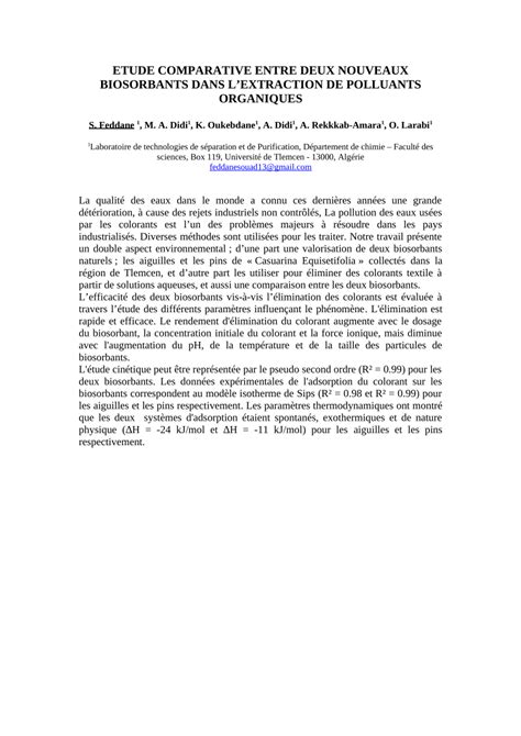 Pdf Etude Comparative Entre Deux Nouveaux Biosorbants Dans L