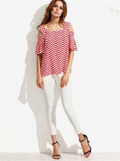 Red Striped Cold Shoulder Blouse Sheinsheinside