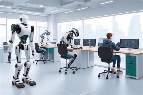 재활을 위해 로 외골격을 프로그래밍하는 학생들과의 실험실 프리미엄 Ai 생성 이미지