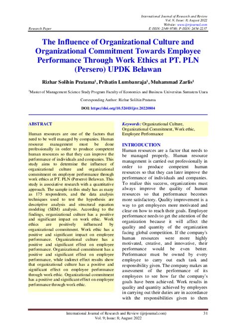 Pdf The Influence Of Organizational Culture And Organizational Commitment Towards Employee