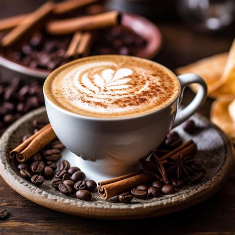 Una taza de café con palitos de canela en el borde Foto Premium