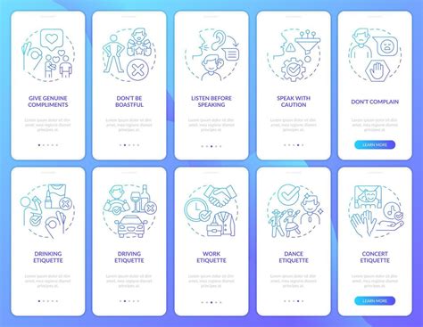 Etiquette Blue Gradient Onboarding Mobile App Screen Set Basic Rules Walkthrough 5 Steps