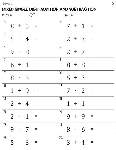 Horizontal Mixed Single Digit Addition And Subtraction Worksheets Etsy