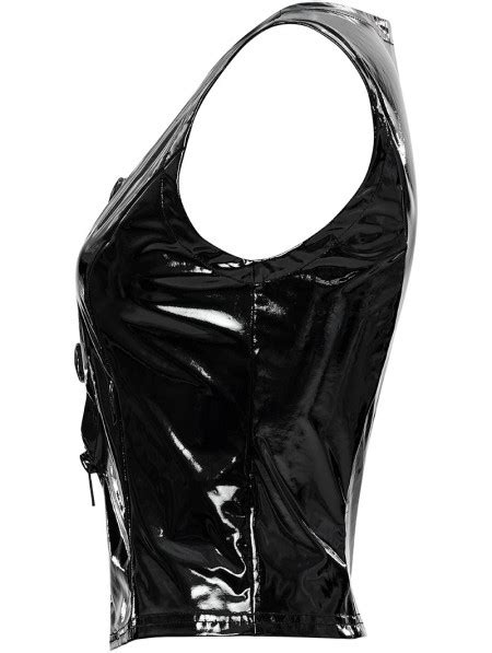 Punk Rave Black Gothic Punk Sexy Hollow Out Patent Leather Vest Top For