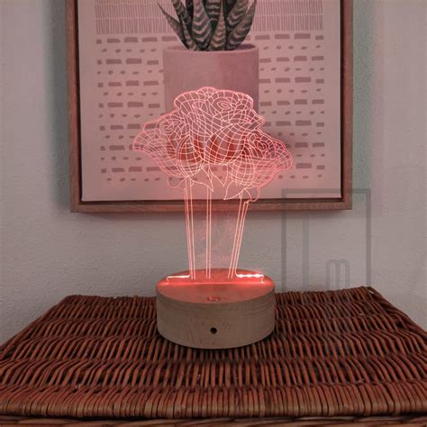 Candeeiro 3D base de madeira Rosas Lâmpada Mágica
