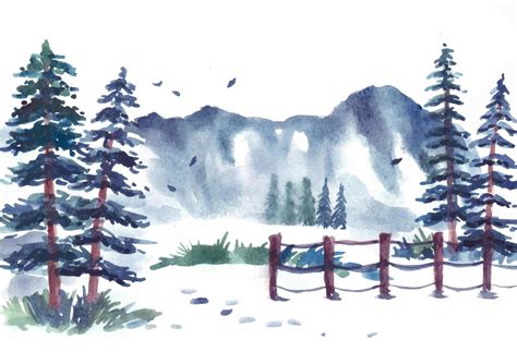 Winter Landscape With Garden Fence Watercolor Vector Art At Vecteezy