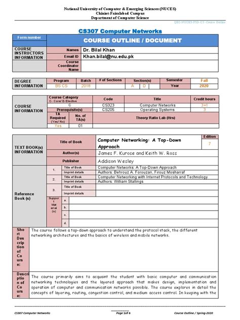 Cs307 Computer Networks Course Outline Document Dr Bilal Khan Khan