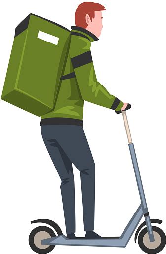 남성 택배 승마 전기 킥 스쿠터 와 녹색 소포 상자 그의 뒷면에 상품 및 제품의 배달 빠른 배송 만화 벡터 일러스트 가방에 대한