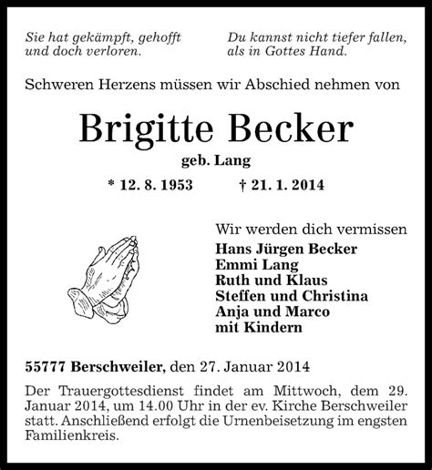 Traueranzeigen Von Brigitte Becker Rz Trauerde