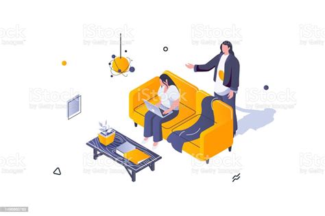 3d 아이소메트릭 디자인의 홈 인테리어 개념 소파와 커피 테이블 근처에서 이야기하는 여자들 거실의 가구와 장식 웹 그래픽을 위한 아이소메트릭 인물 장면이 있는 벡터 그림 3