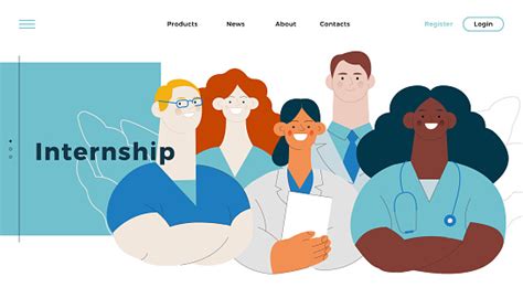 인턴십 직업 현대 벡터 개념 그림입니다 함께 서있는 의료 전문가 추상적 인 배경에 인턴 팀 웹사이트 배너 랜딩 페이지 템플릿 5명에 대한 스톡 벡터 아트 및 기타 이미지