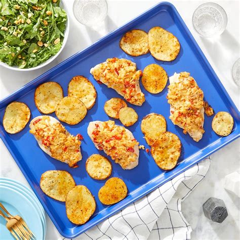 Recipe Sheet Pan Cheesy Chicken With Roasted Potatoes And Arugula Salad