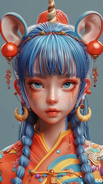 Anime Character With Blue Hair And A Cat Ears And A Colorful Outfit