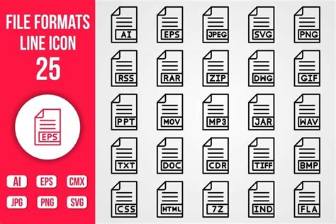 25 File Formats Line Icon Set 2508006