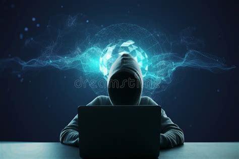 Hacker Using Laptop At Desktop With Creative Glowing Metaverse Hologram
