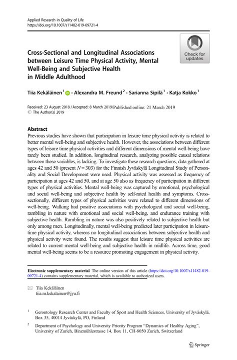 Pdf Cross Sectional And Longitudinal Associations Between Leisure