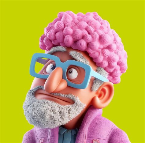 Um personagem de desenho animado óculos azuis e um chapéu rosa