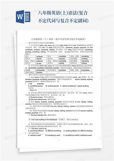 八年级英语 上 语法 复合不定代词与复合不定副词 Word模板下载 编号lojbapyv 熊猫办公