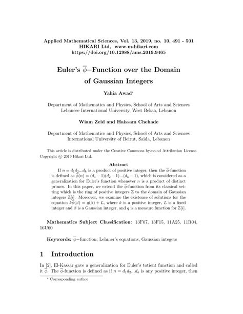 Pdf Eulers φ Function Over The Domain Of Gaussian Integers