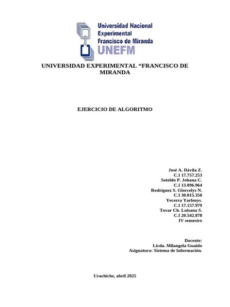Ejercicio De Algoritmo Pdf Ingeniería De Sistemas Algoritmos Y