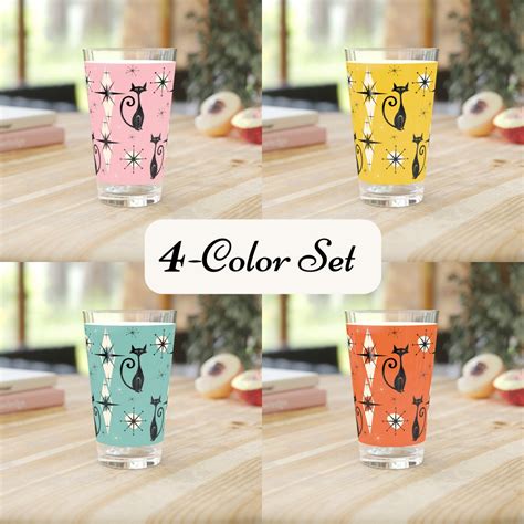 Atomic Cat Drinking Glasses Set Of 4 Glasses Mid Century Modern
