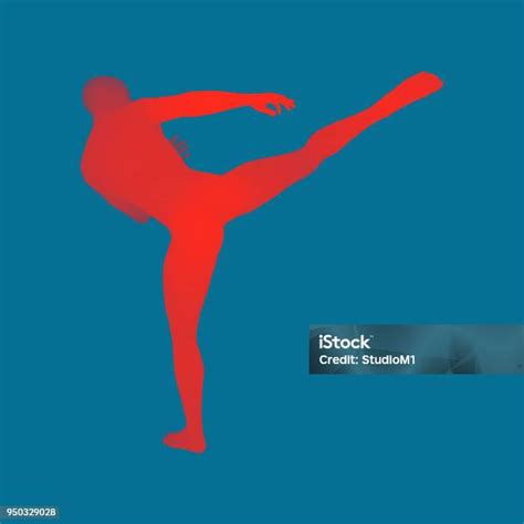 Kickbox 파이터 높은 킥을 실행을 준비 하 고입니다 피트 니스 스포츠 교육과 무술 개념 남자 인체 3d 모델입니다 디자인 요소입니다 벡터 일러스트입니다 3차원 형태에