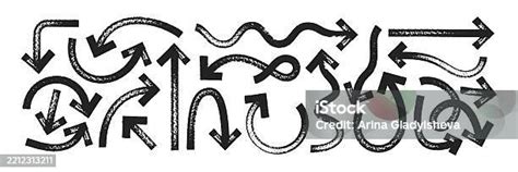 그런 지 손으로 그린 화살표 세트 검은 색 브러시 또는 마커 질감 방향 요소 곡선 브러시 스트로크 흰색 배경에 검은 벡터 그림 거친에 대한 스톡 벡터 아트 및 기타 이미지