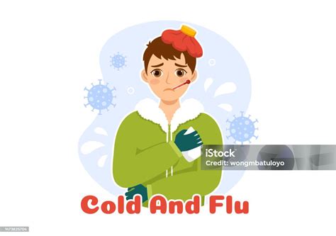 아픈 사람 독감 및 감기병 삽화는 건강 관리 방문 페이지 템플릿을 위해 그려진 평평한 만화 손에 두꺼운 옷을 입은 사람들과 함께 합니다 감기와 독감에 대한 스톡 벡터 아트