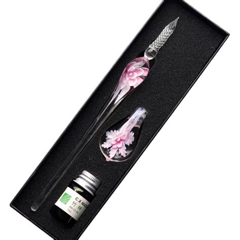 Floral Vintage Glass Dip Pen Set 3 Piece Orange Pen With 10ml Ink