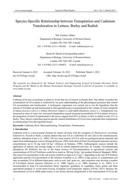 Pdf Species Specific Relationship Between Transpiration And Cadmium Translocation In Lettuce