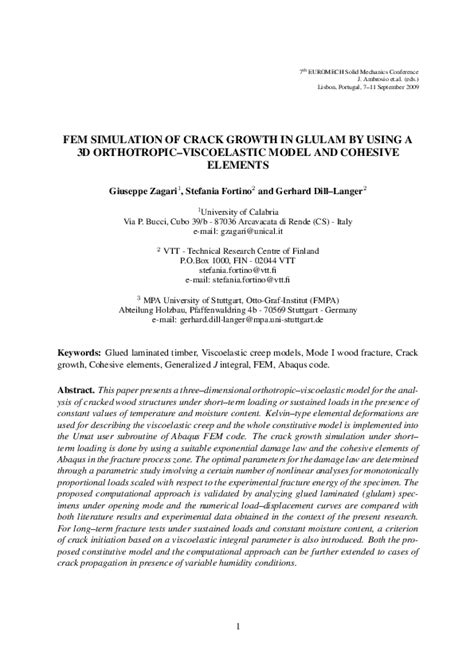 Pdf Fem Simulation Of Crack Growth In Glulam By Using A 3d Orthotropic Viscoelastic Model And