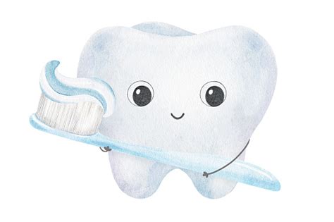 파란 칫솔을 들고 있는 치아에 페이트가 묻어 있습니다 재미있는 카와이 캐릭터는 구강 위생을 생각 나게합니다 아이 상품 소아과 치과 치과 건강 관리 0명에 대한 스톡 벡터