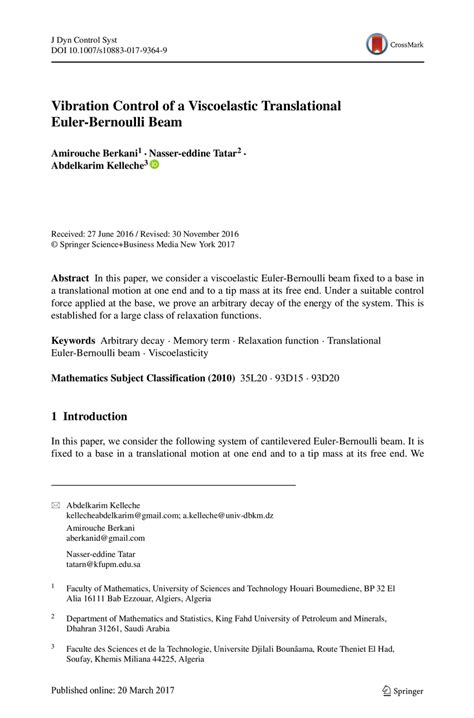 Pdf Vibration Control Of A Viscoelastic Translational Euler Bernoulli