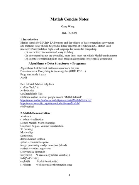 Matlab Concise Notes Algorithms Data Structures Programs Pdf