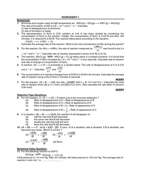 Worksheet 1 Kinetics Pdf Reaction Rate Chemical Reactions