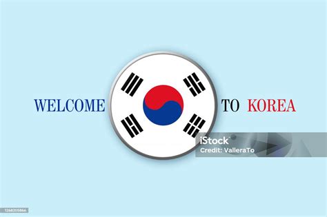 파란색 배경에 한국의 국기와 둥근 배지 3d 일러스트레이션 한국에 오신 것을 환영합니다 여행 0명에 대한 스톡 벡터 아트 및 기타 이미지 Istock