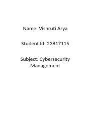 Cybersecurity Assignment Docx Name Vishruti Arya Student Id Subject