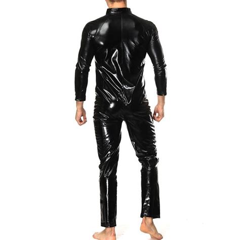 Men Faux Leather Latex Catsuit Sexy Slim Bodysuit Black Shiny Erotic