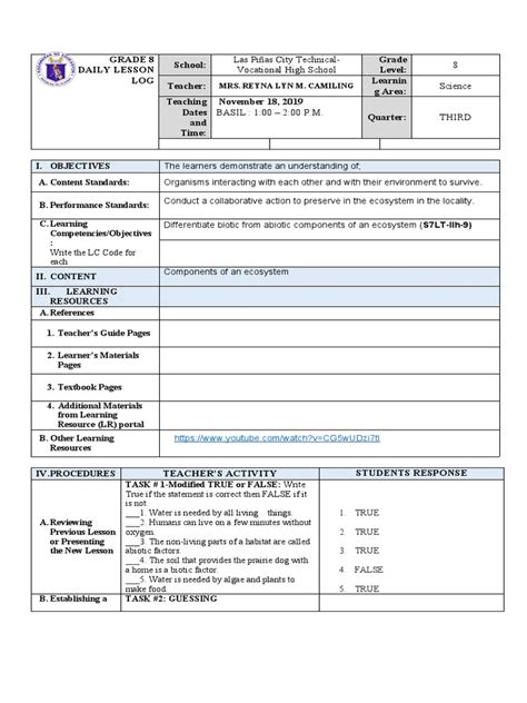 Grade 8 Daily Lesson Log School Grade Level Teacher Learnin G Area
