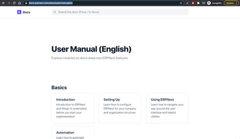 user manual docs link not working erpnext frappe forum