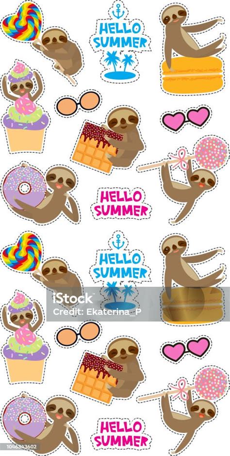 안녕하세요 여름 밝은 열 대 카드 배너 디자인 패션 패치 배지 스티커 케이크와 함께 귀여운 귀여운 얼굴 나무늘보 컬렉션 아빠